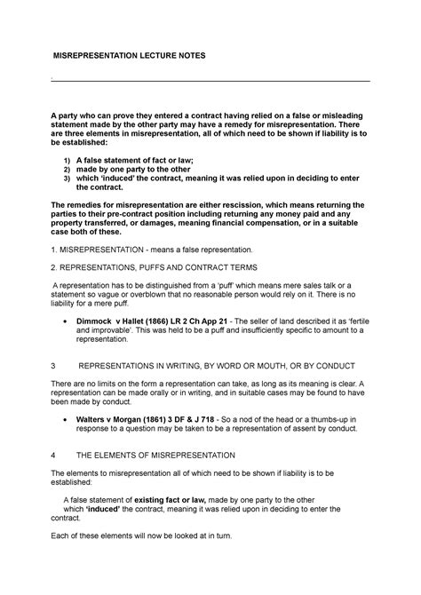 Misrepresentation Lecture Notes 8 Misrepresentation Lecture Notes A Party Who Can Prove