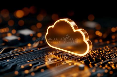 Golden Glowing Cloud Icon Hovering Above Digital Microprocessor On High Tech Motherboard Concept