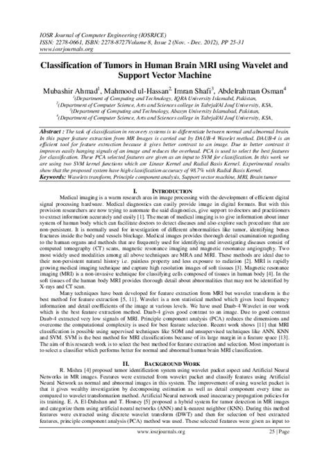 Pdf Classification Of Tumors In Human Brain Mri Using Wavelet And Support Vector Machine