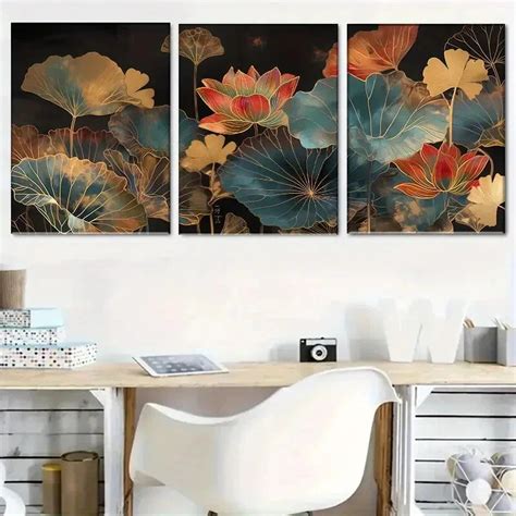 3pcs Black Background And Golden Lotus Flowers Wall Art Set Canvas Frame