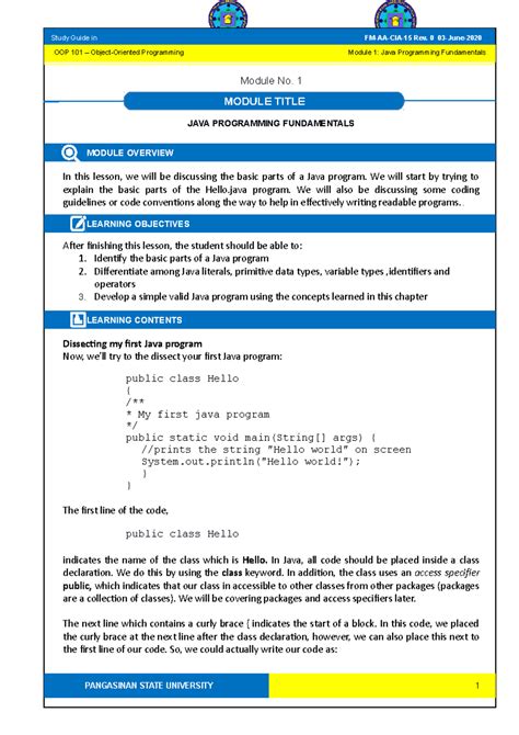 Oop 101 Module 1 Study Guide Java Programming Fundamentals Studocu
