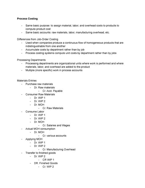 Acct Week 4 Lecture Notes Process Costing Same Basic Purpose To