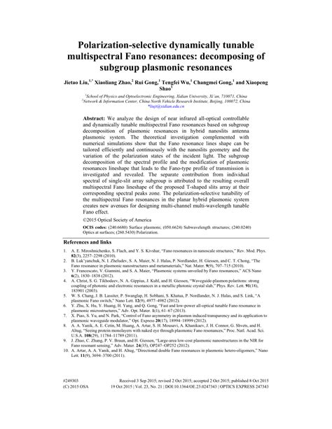 Pdf Polarization Selective Dynamically Tunable Multispectral Fano Resonances Decomposing Of