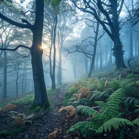Misty Forest At Dawn Light Filtering Through Ancient Trees And Fern