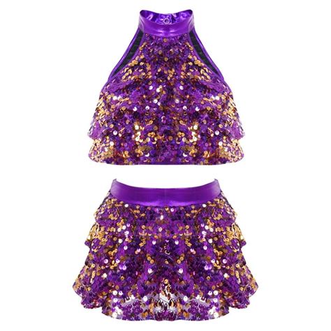 Chictry Girls Modern Jazz Latin Dance Costume Halter Shiny Sequins Crop