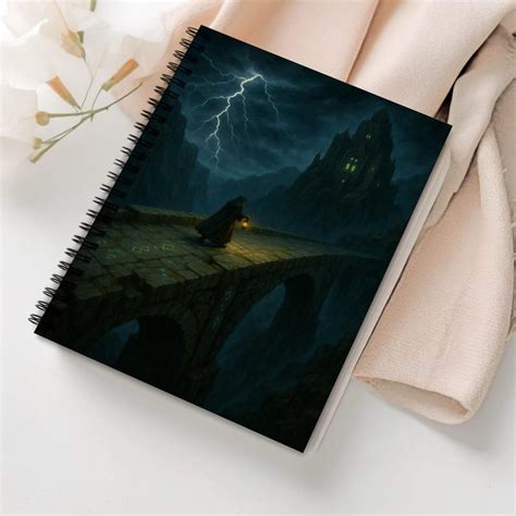 Wizard On Bridge Spiral Notebook • Lined Moody Fantasy Journal • Dark