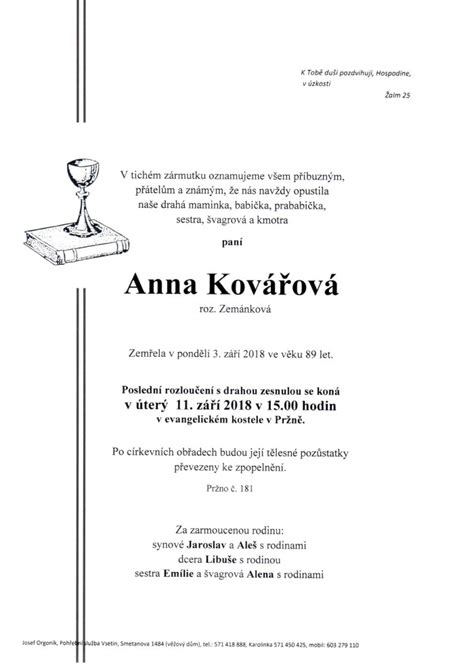 Paní Anna Kovářová Smutecnioznamenieu