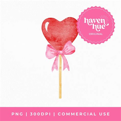 Watercolor Heart Lollipop Clipart Pastel Valentine Sweets Png Digital