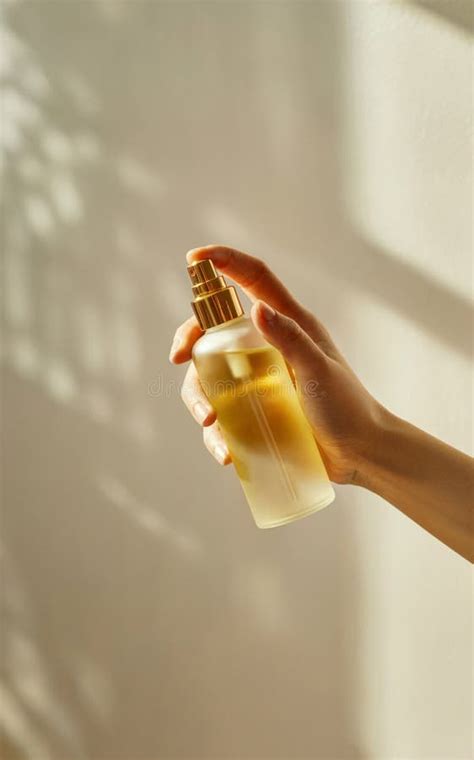 A Hand Holding A Frosted Glass Spray Bottle Containing Golden Yellow