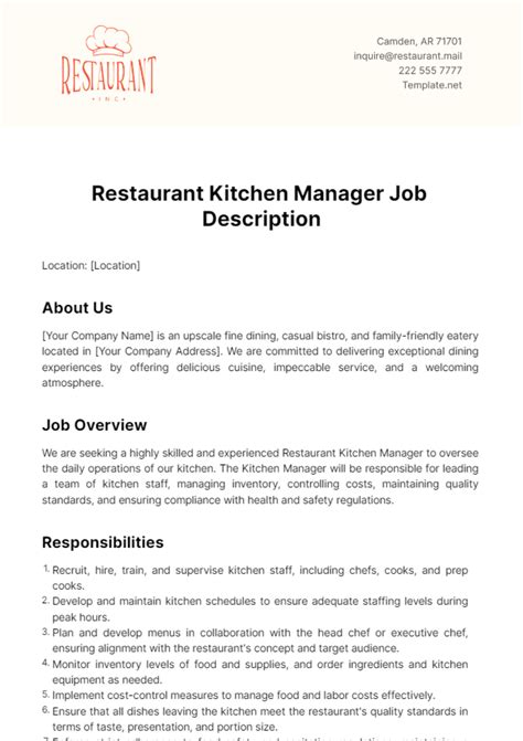 Kitchen Manager Job Description Volunteer T Of Life Transplant