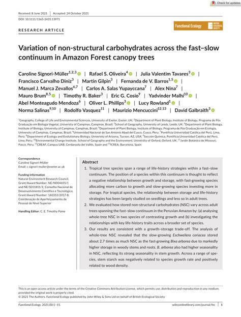 PDF Variation Of Nonstructural Carbohydrates Across The Fastslow Continuum In Amazon Forest