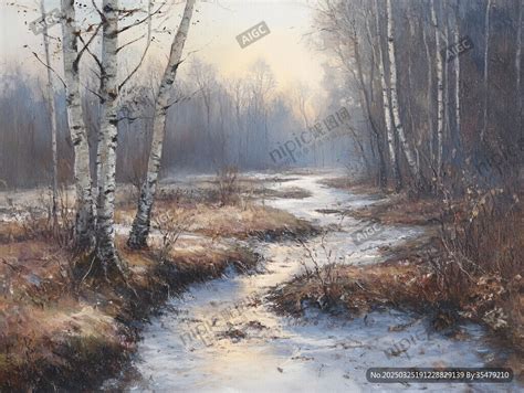 Ai创作图晨雾 白桦林 小溪 树木 草地 荒野 冬季 自然 风景 霜 朦胧 静谧 清冷 植被 光影 昵图网