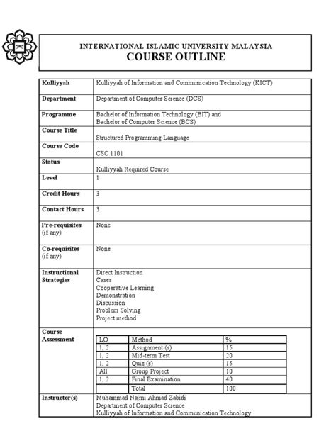 Ccs1101 Structured Programming Language Using Cpp Course Outline