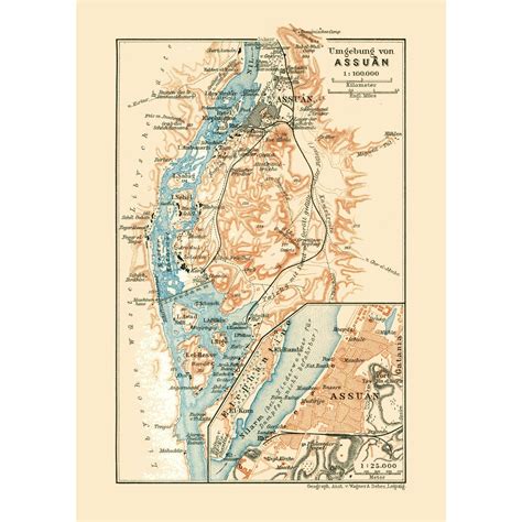 Historic Map Aswan Egypt Baedeker 1913 23 X 3246 Vintage Wall