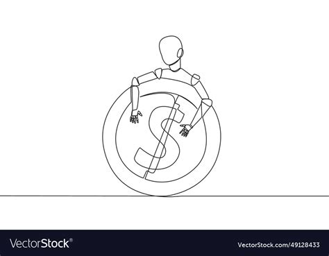 Continuous One Line Drawing Robot Hugging Coin Vector Image