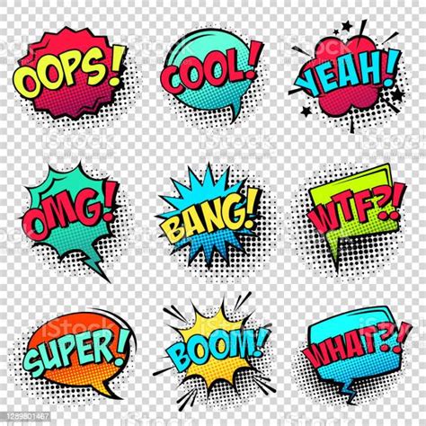 하프톤 그림자와 텍스트 문구만화 컬러 의 연설 거품 감정의 소리 표현 손으로 그린 복고풍 만화 스티커 팝 아트 스타일 벡터 일러스트레이션 개체 그룹에 대한 스톡 벡터 아트