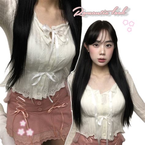 로맨틱 리본 니트 가디건 연말룩 파티룩 러블리 발레코어룩 에이블리