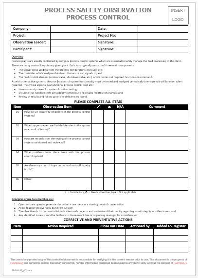 Template Process Safety Observation Process Control Workplace