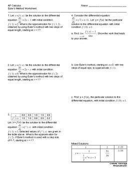 AP CALCULUS BC EULER S METHOD WORKSHEET By MATH WITH YOSH TPT