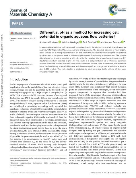 Pdf Differential Ph As A Method For Increasing Cell Potential In Organic Aqueous Flow Batteries
