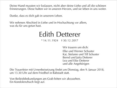 Traueranzeigen Von Edith Detterer Trauerundgedenkende