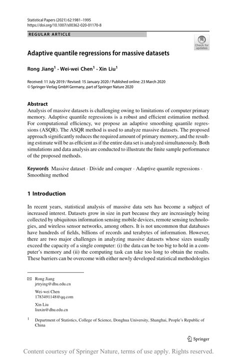 Adaptive Quantile Regressions For Massive Datasets Request Pdf