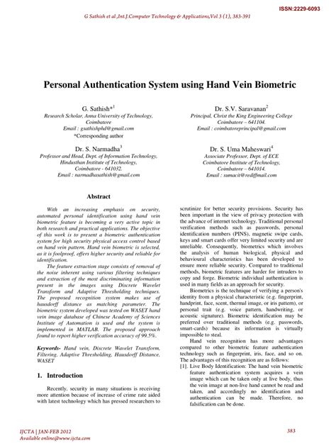 Pdf Personal Authentication System Using Hand Vein Biometric