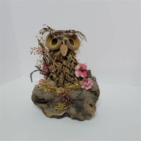 Vintage Assemblage Owl On Driftwood With Dried Flowers