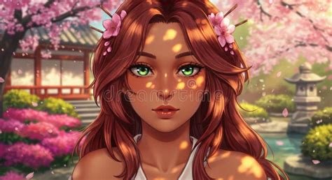 Anime Woman With Cherry Blossom Hair Ornament In Japanese Garden Art