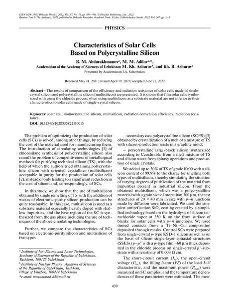 Pdf Characteristics Of Solar Cells Based On Polycrystalline Silicon