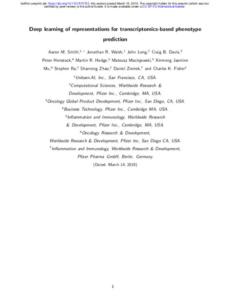 Pdf Deep Learning Of Representations For Transcriptomics Based Phenotype Prediction