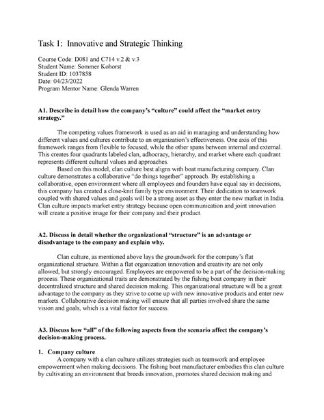 C714 Task1 Task 1 Innovative And Strategic Thinking Course Code