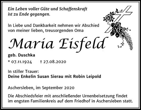 Traueranzeigen Von Maria Eisfeld Abschied Nehmende