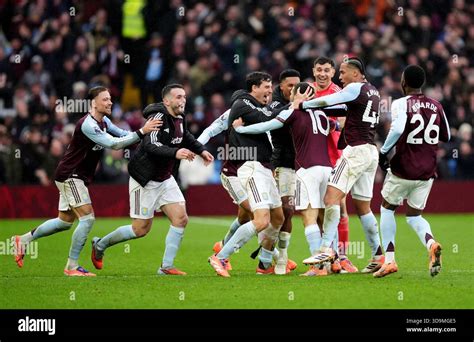 Aston Villas Emi Buendia Fourth Right Is Mobbed By His Team Mates