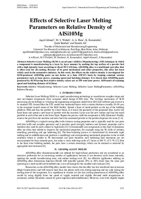 Pdf Effects Of Selective Laser Melting Parameters On Relative Density