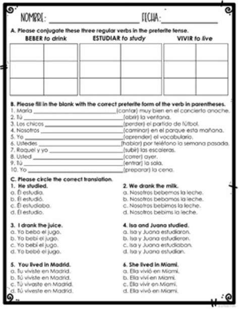 Spanish Preterite Tense Quiz Worksheet Exam Preterite Practice El Pretérito
