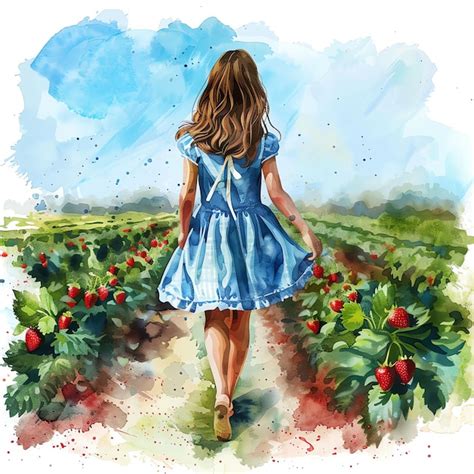 Beautiful Cute Girl From Behind With Blue Dress Walking On A Strawberry