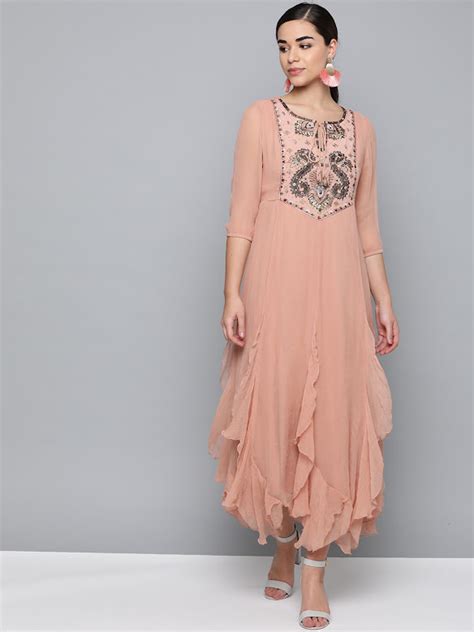 Women Fashionable Peach Colored Solid Maxi Dress