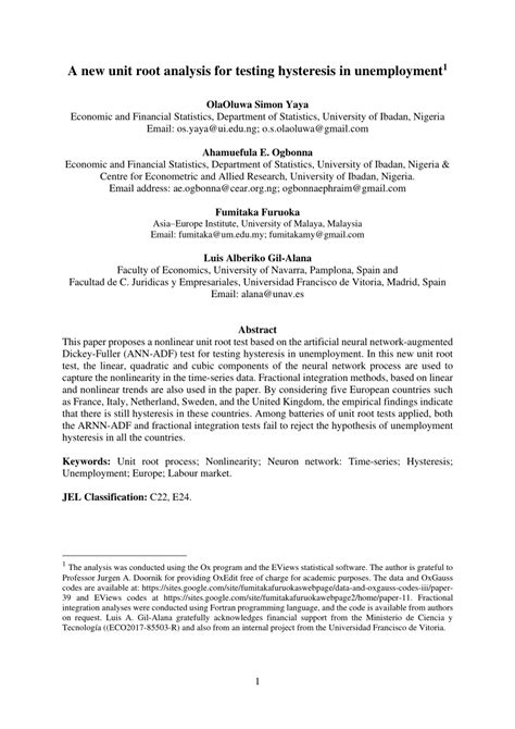 Pdf A New Unit Root Analysis For Testing Hysteresis In Unemployment 1