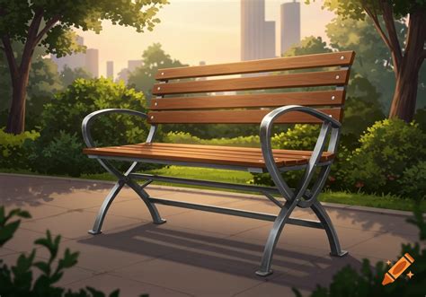 An Illustrative Park Scene With A Wooden Bench On A Paved Path