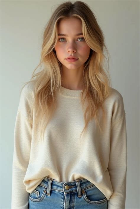Blond Dutch Teen With Wearing An Oversized Sweater And Tight Jeans