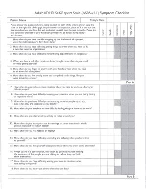 Adult Adhd Self Report Scale Asrs V11 Symptom Checklist Blank