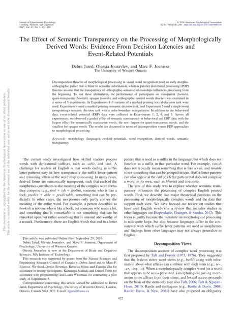 Pdf The Effect Of Semantic Transparency On The Processing Of Morphologically Derived Words