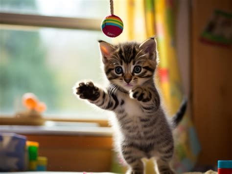 Premium Ai Image Mischievous Kitten Playfully Swatting At A Dangling Toy