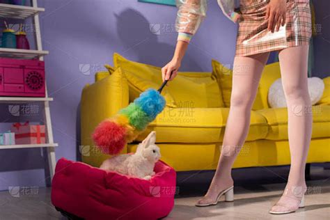 年轻女子在家兔玩具旁假扮成玩具娃娃和垃圾箱的剪影