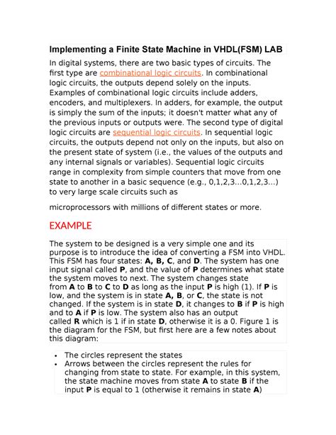 fsm lab implementing a finite state machine in vhdl fsm lab in