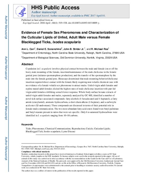Pdf Evidence Of Female Sex Pheromones And Characterization Of The