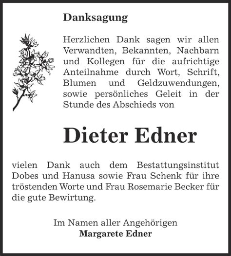 Traueranzeigen Von Dieter Edner Abschied Nehmende