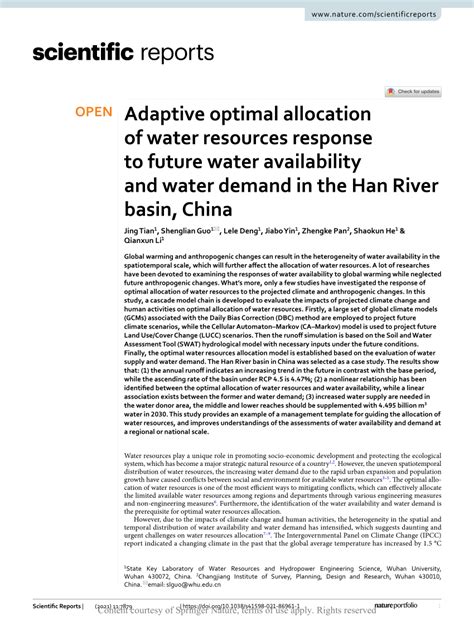 Pdf Adaptive Optimal Allocation Of Water Resources Response To Future Water Availability And