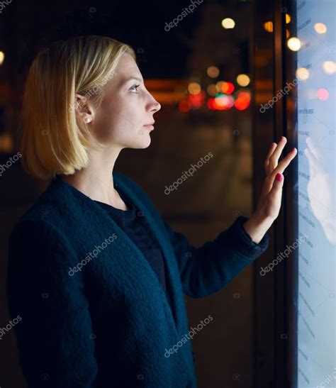 Businesswoman Touching Sensitive Screen Stock Photo GaudiLab 73327009